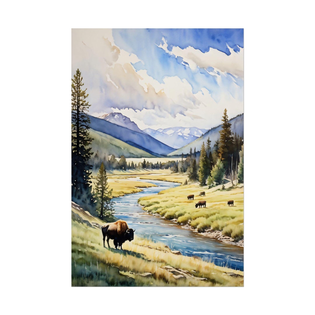Yellowstone National Park Art Print, US Travel Poster, Bison Painting ...