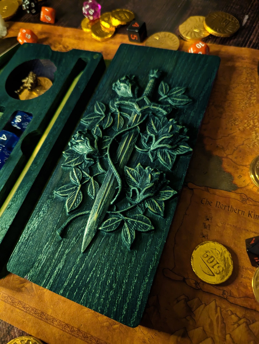 Dnd Green Sword & Rose Dice Box, Birthday Gift, Dice Storage, Dnd Dice ...