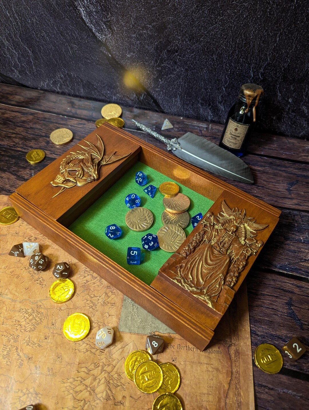 Dnd Dice Tray With GOLD Tone Dnd Dice Box Wood Custom Portable Magnetic ...