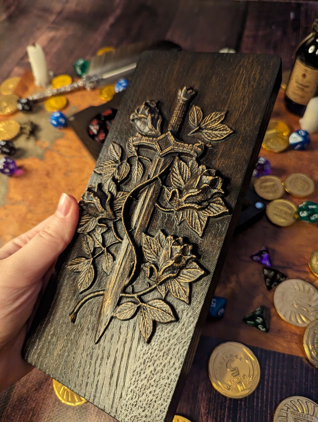 Dnd Dark Brown Sword Dice Tray Birthday Gift Dice Storage Dnd Dice Tray ...