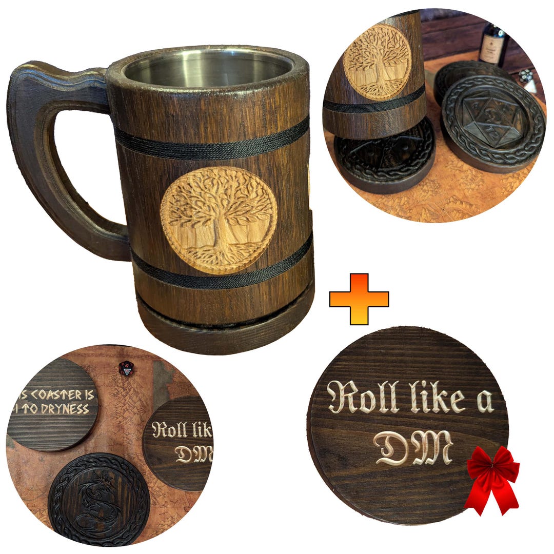 Wooden Dnd Beer Mug + BONUS Engraved Coaster | Tankard for RPG ...