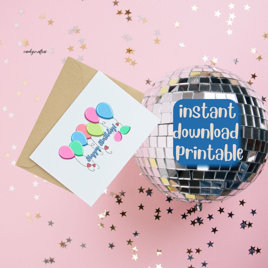 Floating Balloons, Happy Birthday Cards, Fun , Instant Download ...