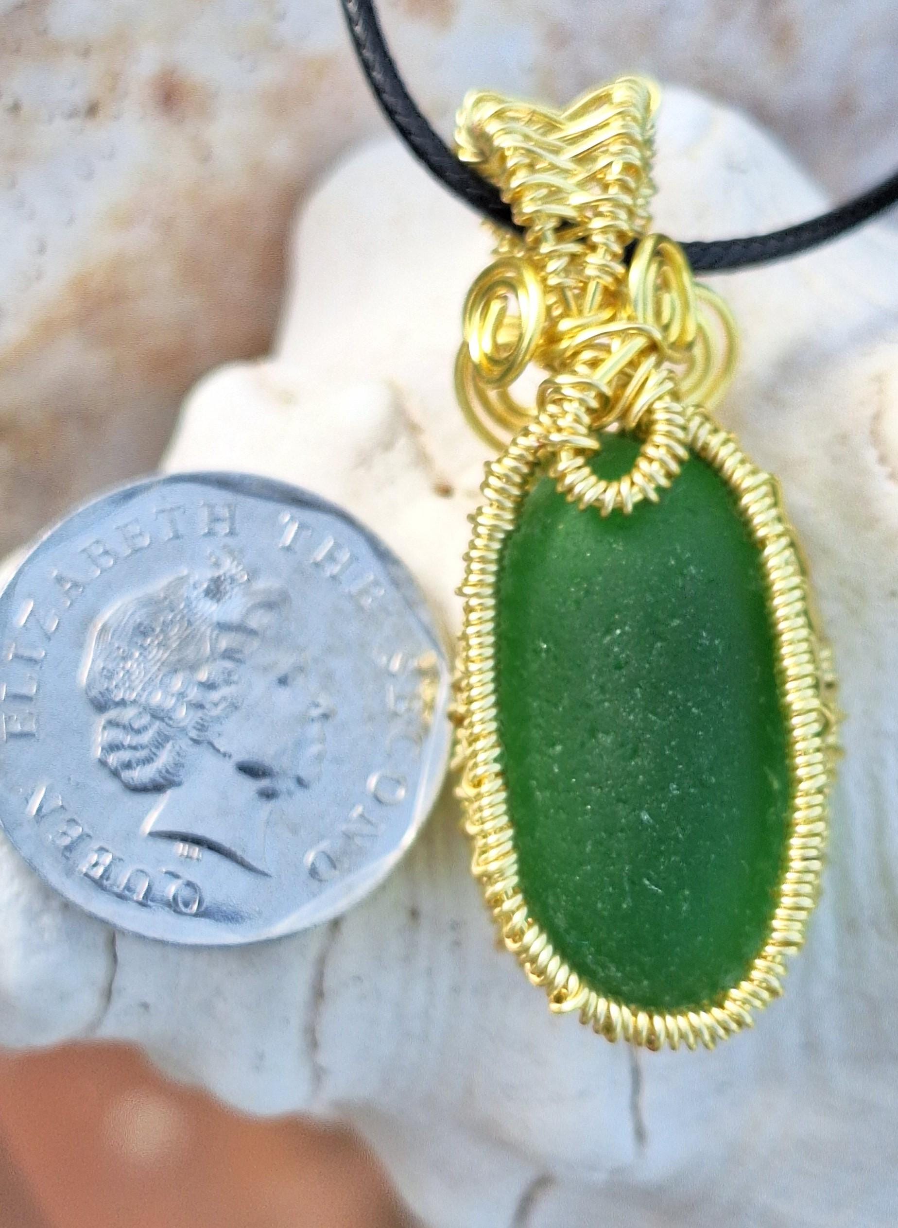 Gold Wire Wrapped Emerald Green Sea Glass Pendant - Etsy