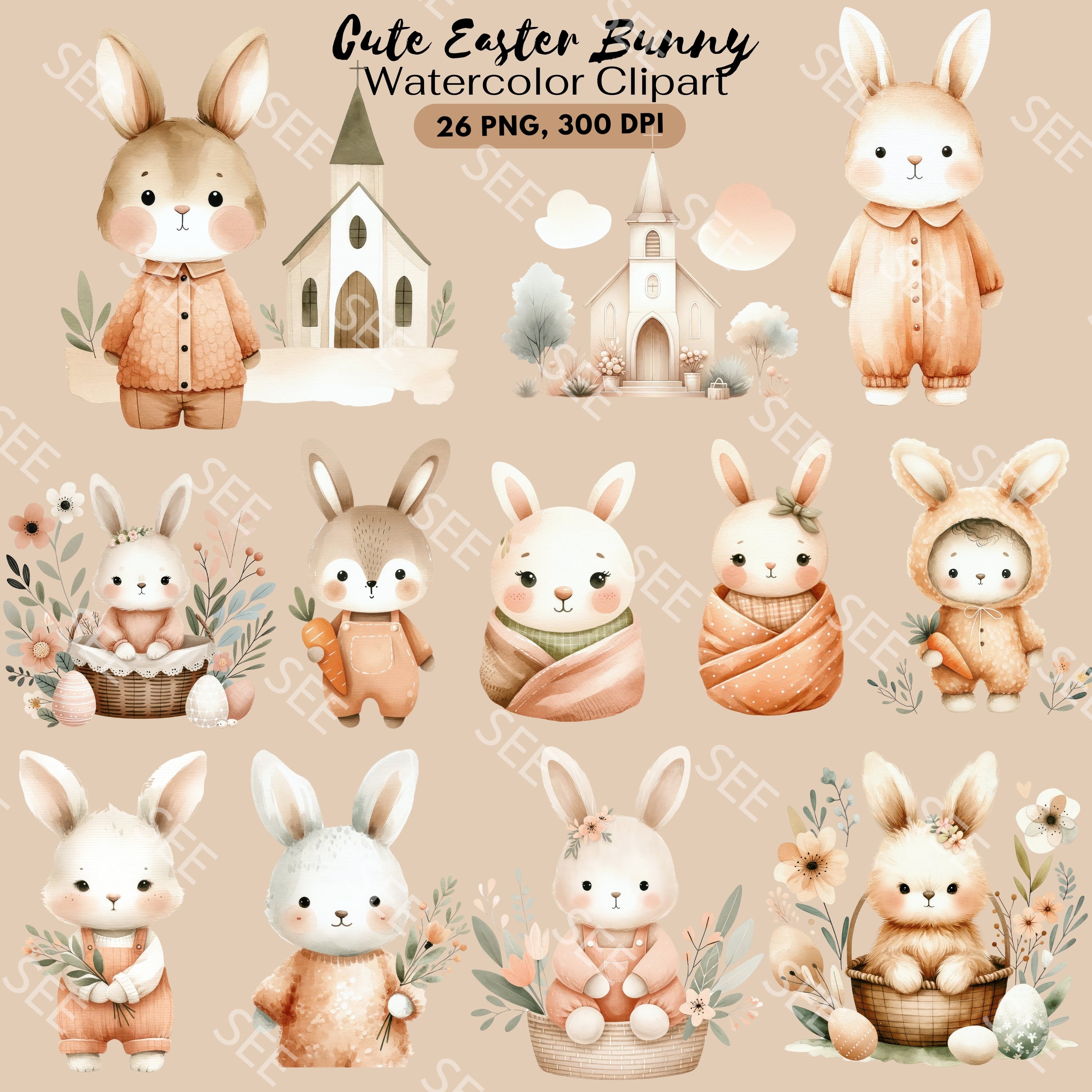 Cute Easter Bunny Clipart, Boho Bunny Clipart, Pastel Watercolor ...