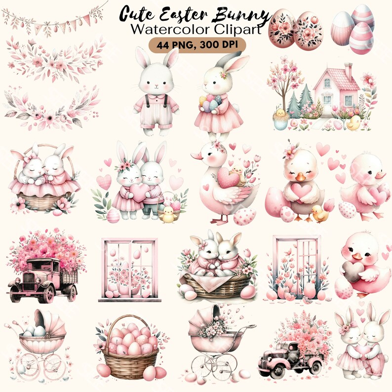 Cute Easter Bunny Clipart, Pastel Watercolor, Spring Bunnies,bunny Baby ...