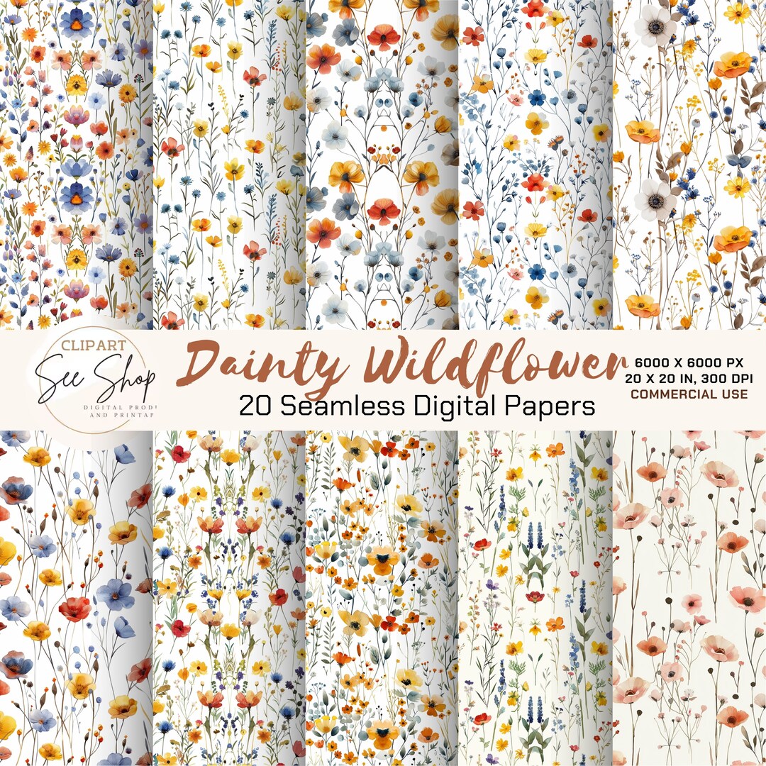 20 Wildflower Seamless Pattern, Dainty Wildflower Digital Paper, Flower ...