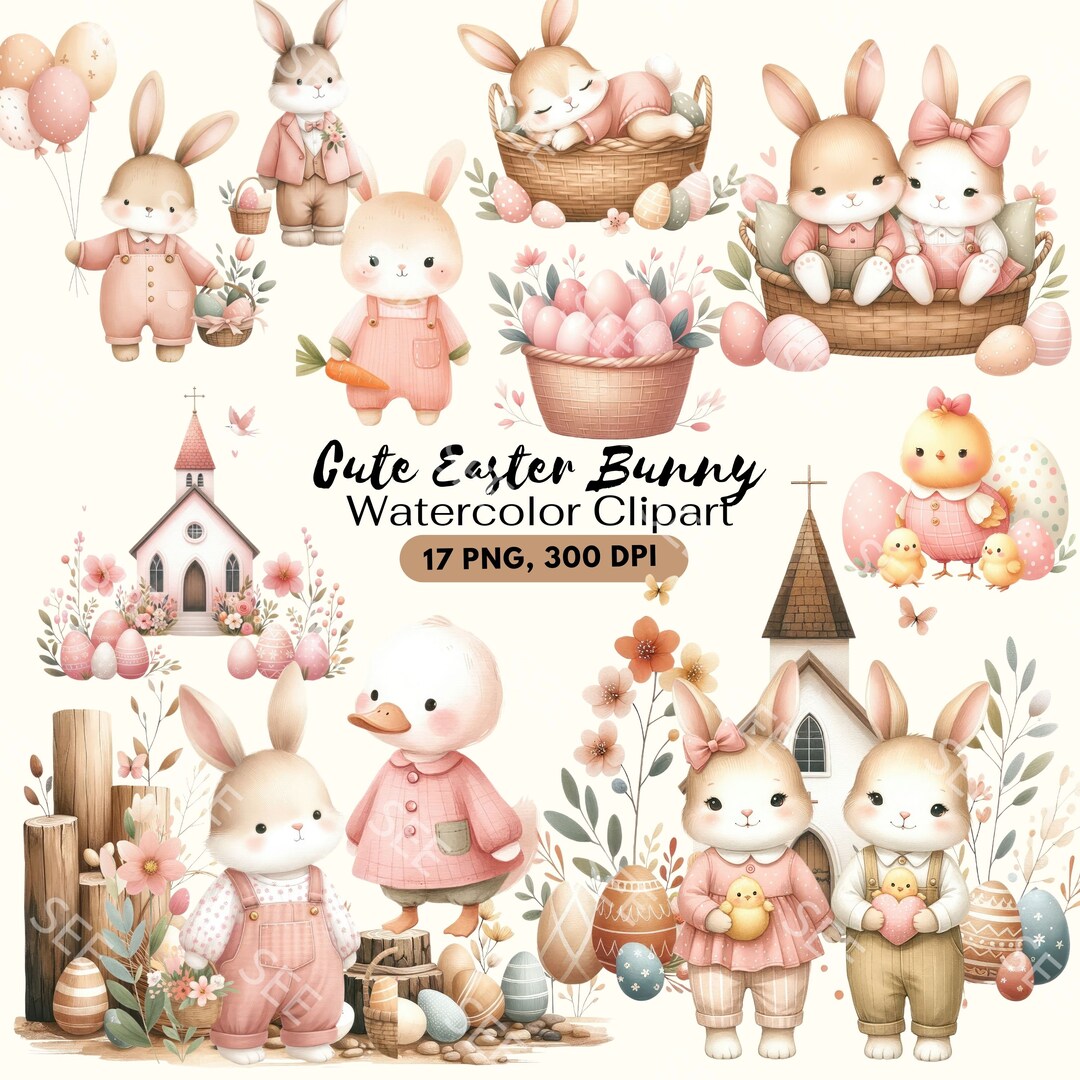 Cute Easter Bunny Clipart, Boho Bunny Clipart, Pastel Watercolor ...