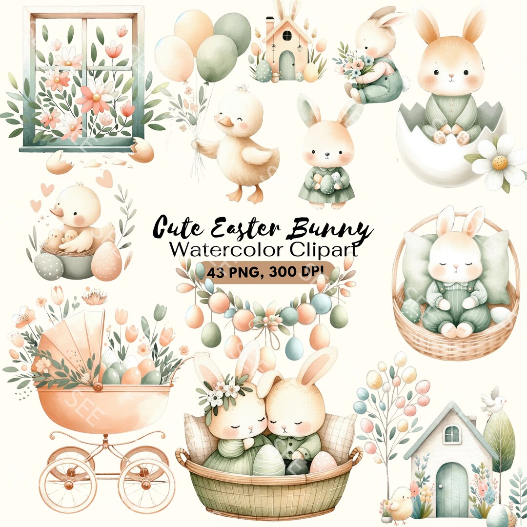 Easter Bunny Clipart, Boho Bunny Clipart, Pastel Watercolor, Spring ...