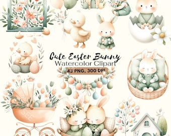 Cute Easter Bunny Clipart, Boho Bunny Clipart, Pastel Watercolor ...
