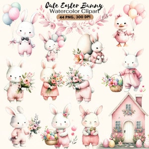 Cute Easter Bunny Clipart, Pastel Watercolor, Spring Bunnies,bunny Baby ...
