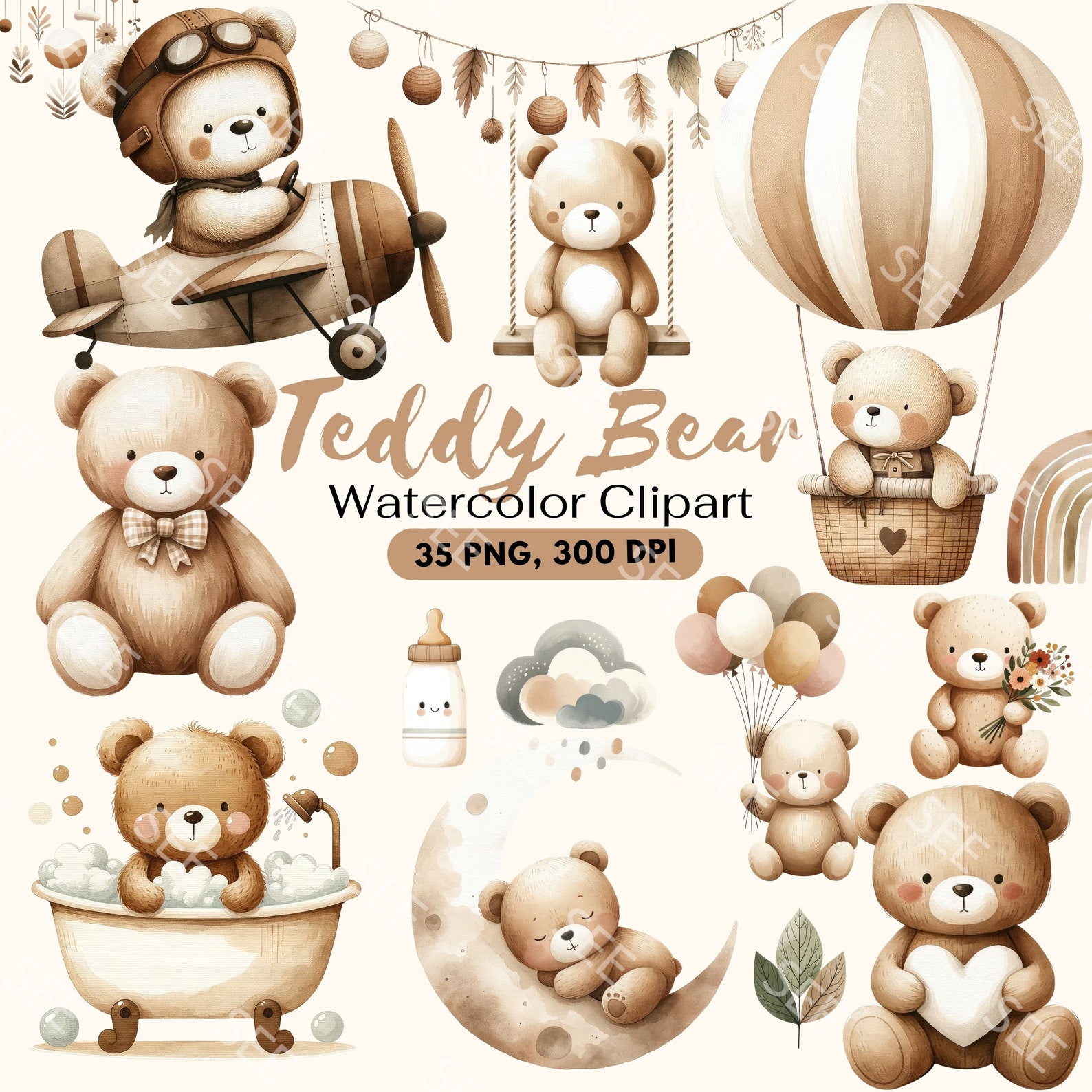 Watercolor Teddy Bear Clipart, Baby Shower Clipart, Boho Teddy Bear ...