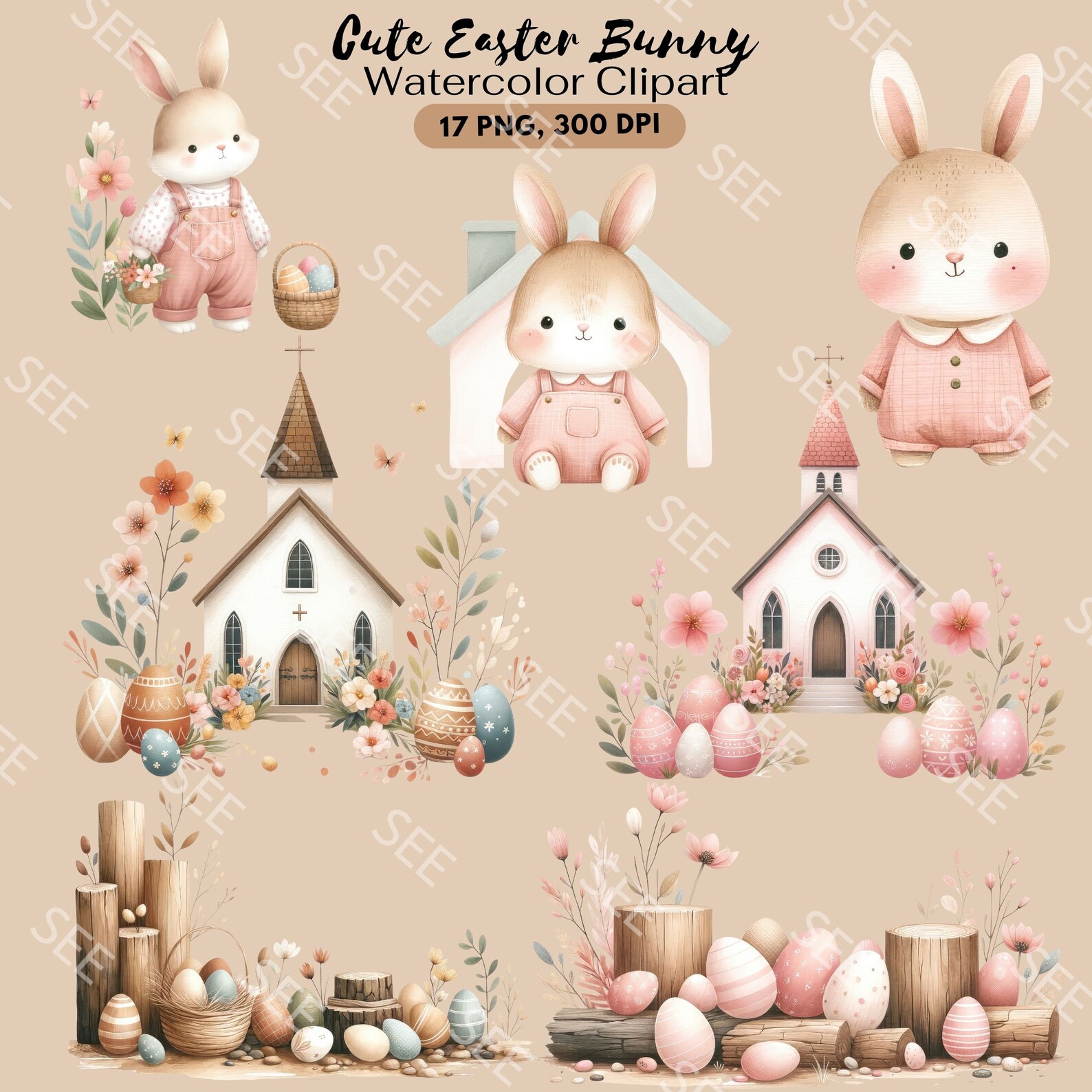 Cute Easter Bunny Clipart, Boho Bunny Clipart, Pastel Watercolor ...
