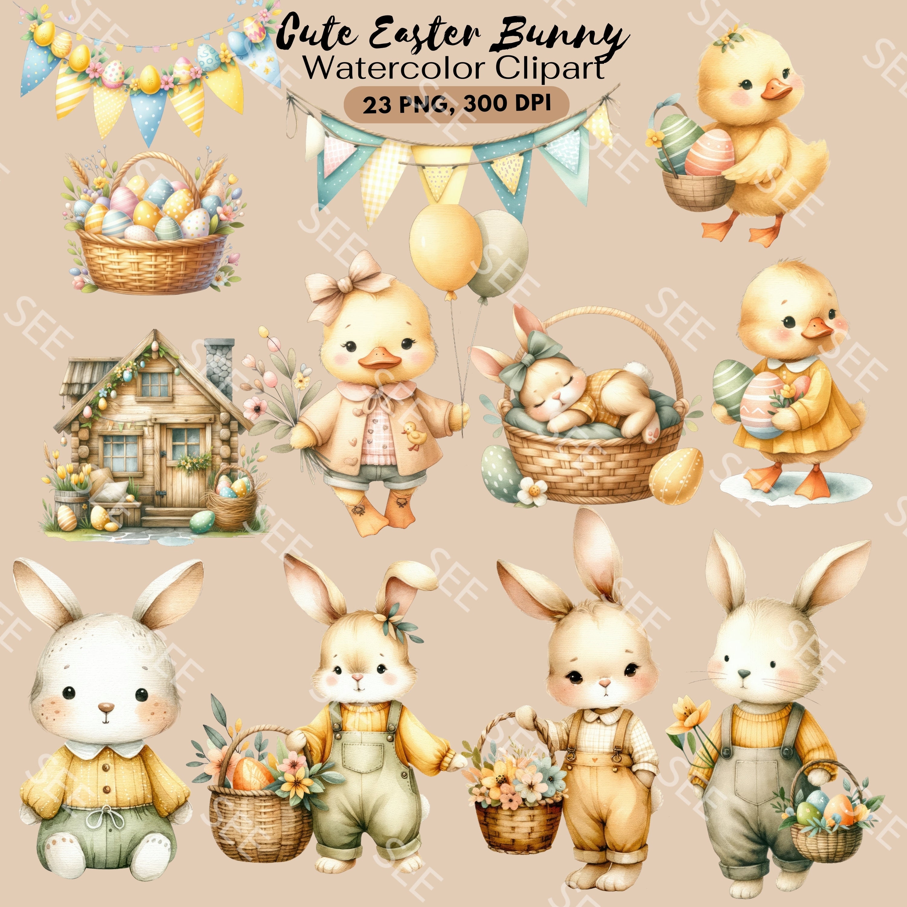 Easter Watercolor Clipart, Boho Bunny Clipart, Pastel Watercolor ...