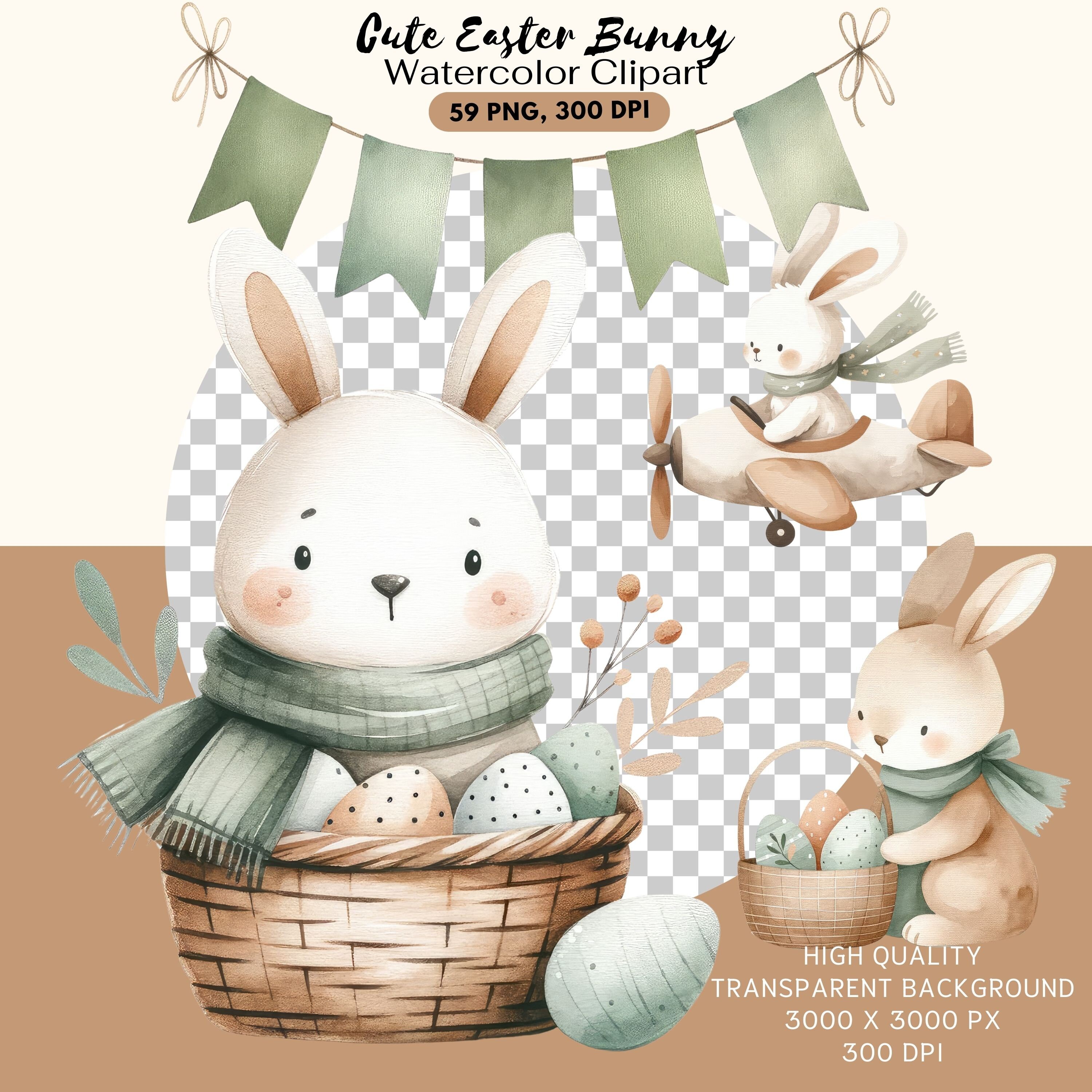 Cute Easter Bunny Clipart, Boho Bunny Clipart, Pastel Watercolor ...