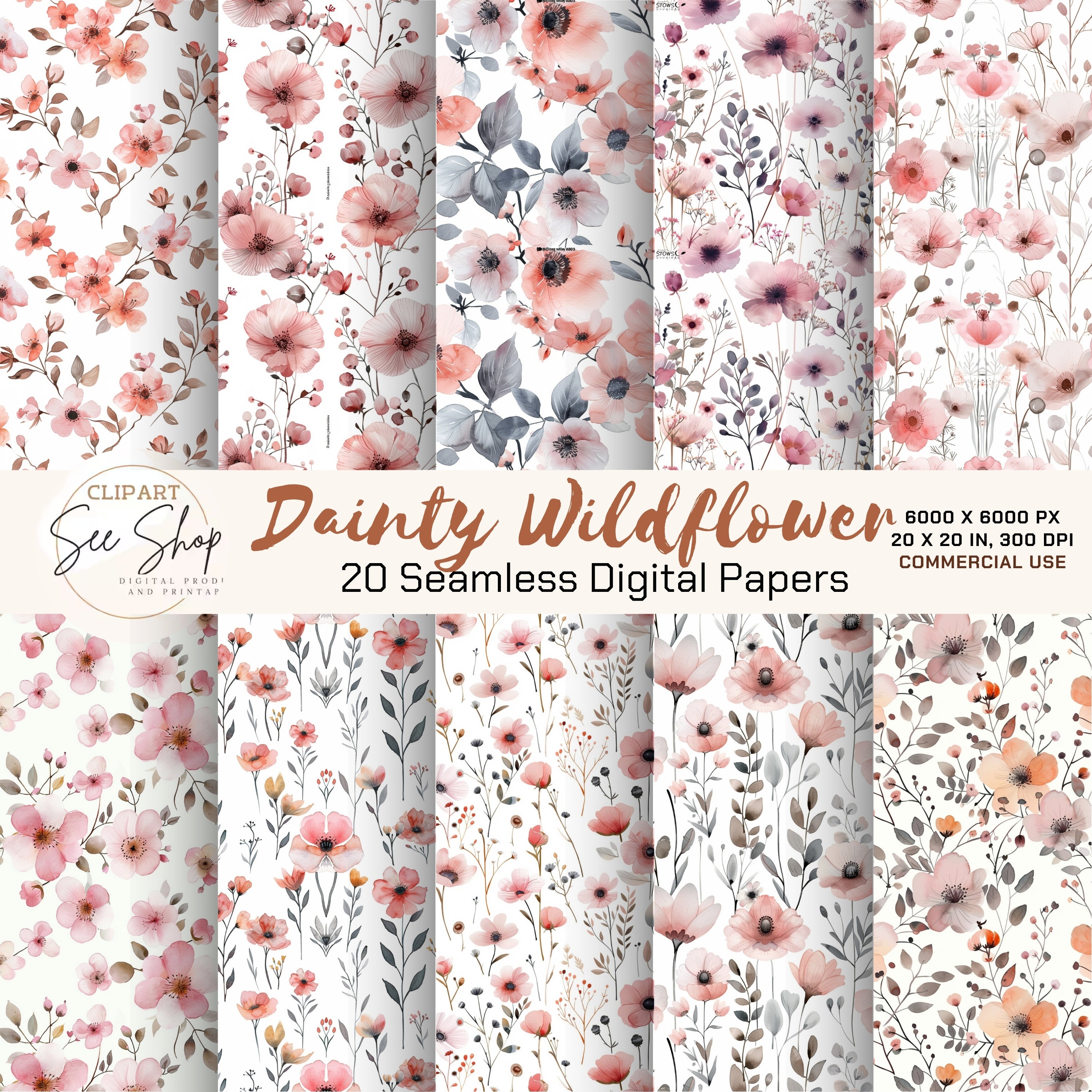 20 Dainty Wildflower Patterns, Wildflower Seamless Patterns Set, Flower ...