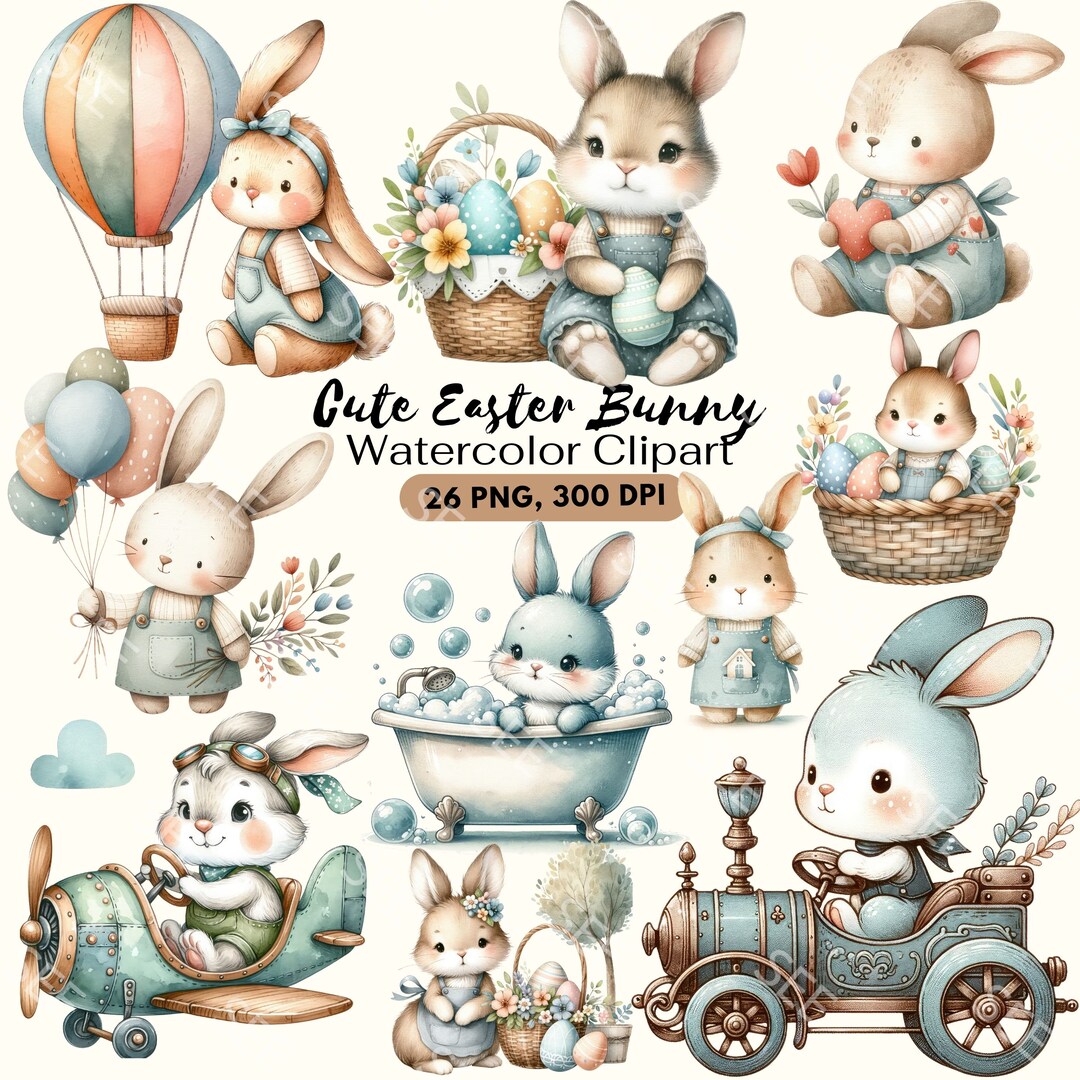 Cute Easter Bunny Clipart, Boho Bunny Clipart, Pastel Watercolor ...