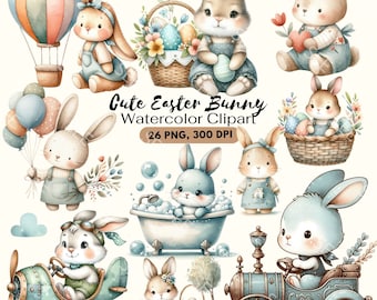 Cute Easter Bunny Clipart, Boho Bunny Clipart, Pastel Watercolor ...