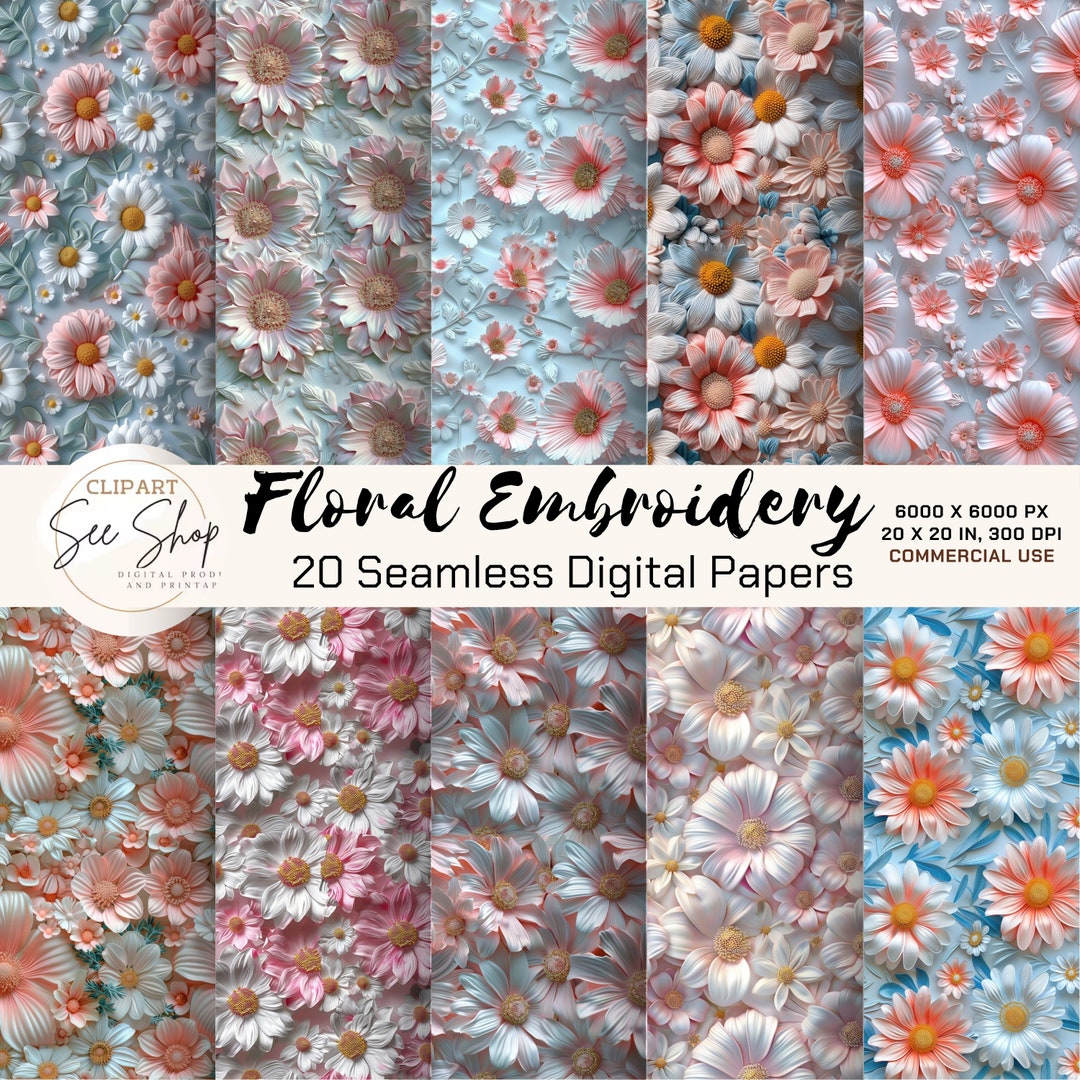 Seamless Embroidered Flower Digital Papers, Pink Floral Embroidery ...