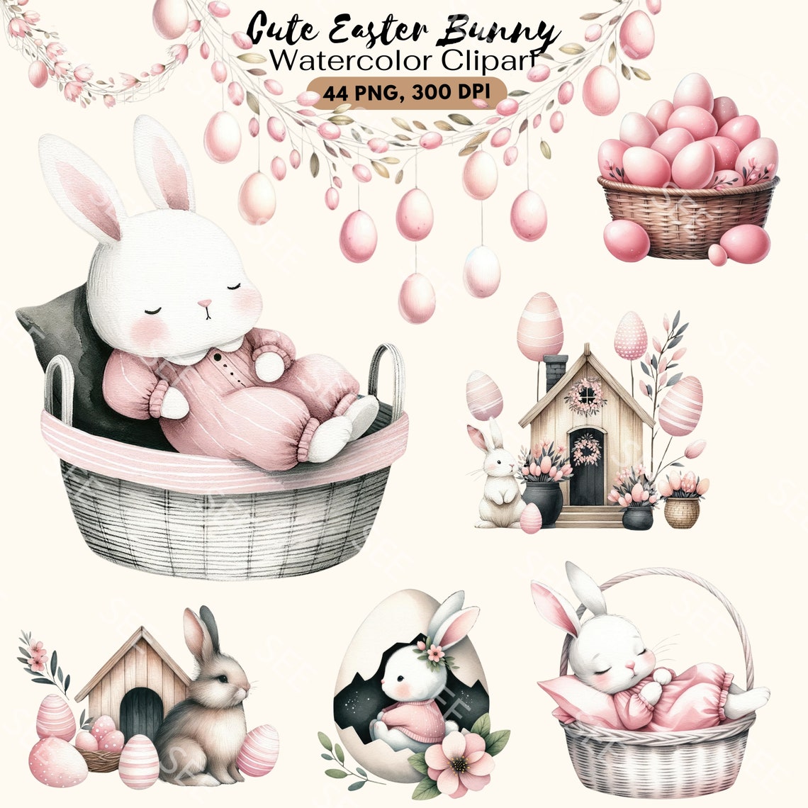 Cute Easter Bunny Clipart, Pastel Watercolor, Spring Bunnies,bunny Baby ...
