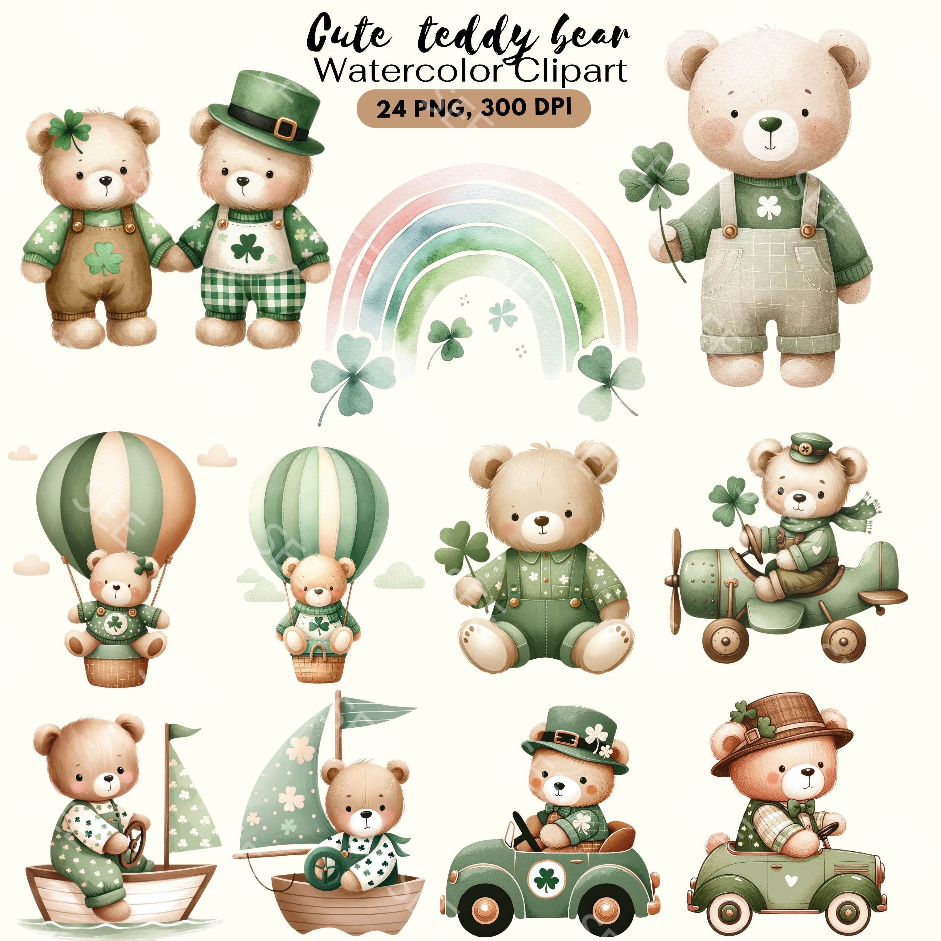 Green Teddy Bear Clipart, Boho Bears, Watercolor Teddy Bear Clipart ...