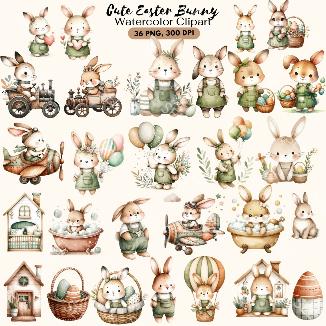 Cute Easter Bunny Clipart, Boho Bunny Clipart, Pastel Watercolor ...