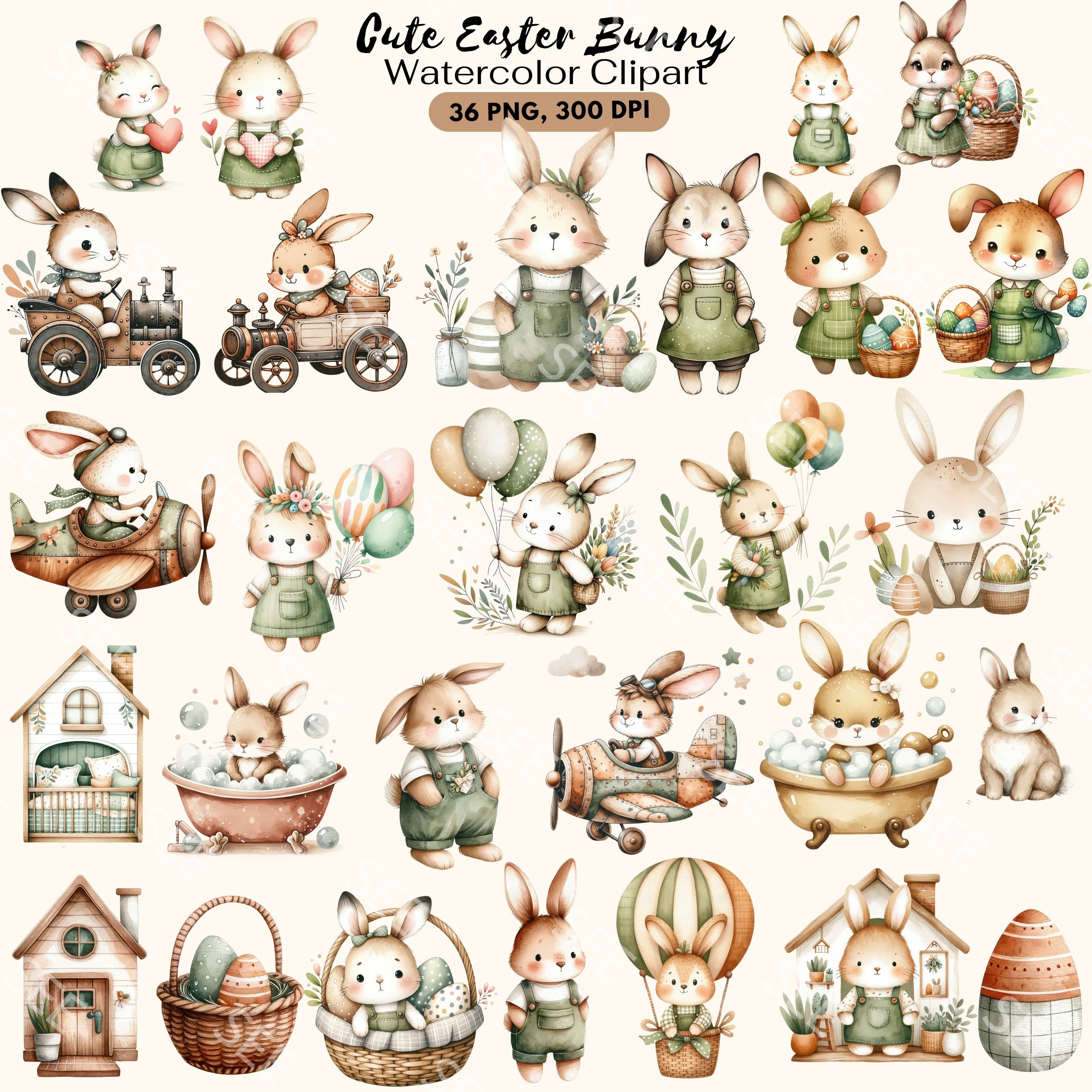 Cute Easter Bunny Clipart, Boho Bunny Clipart, Pastel Watercolor ...