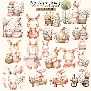 Cute Easter Bunny Clipart, Boho Bunny Clipart, Pastel Watercolor ...