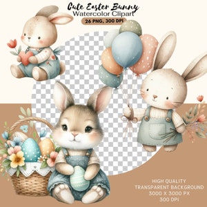 Cute Easter Bunny Clipart, Boho Bunny Clipart, Pastel Watercolor ...