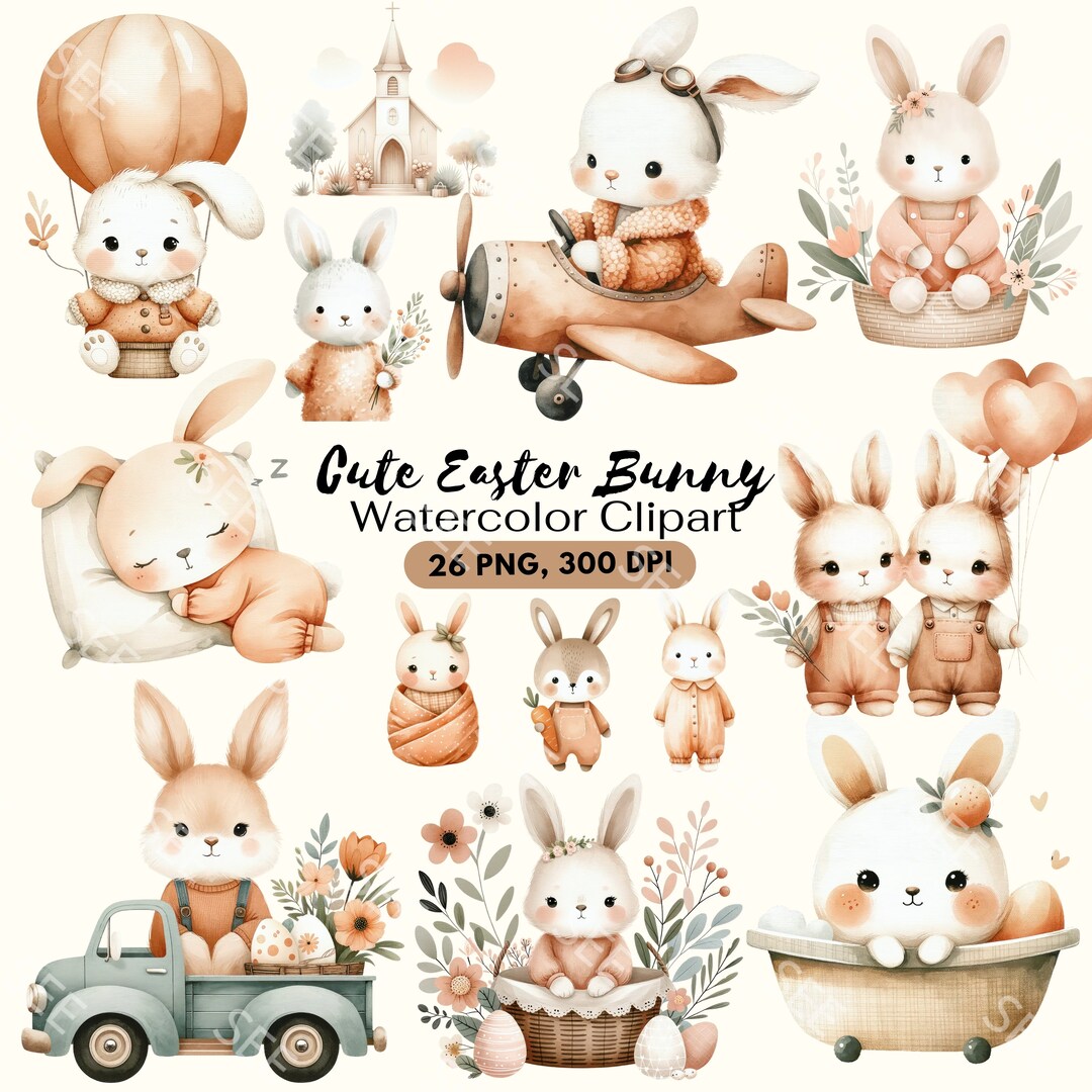 Cute Easter Bunny Clipart, Boho Bunny Clipart, Pastel Watercolor ...