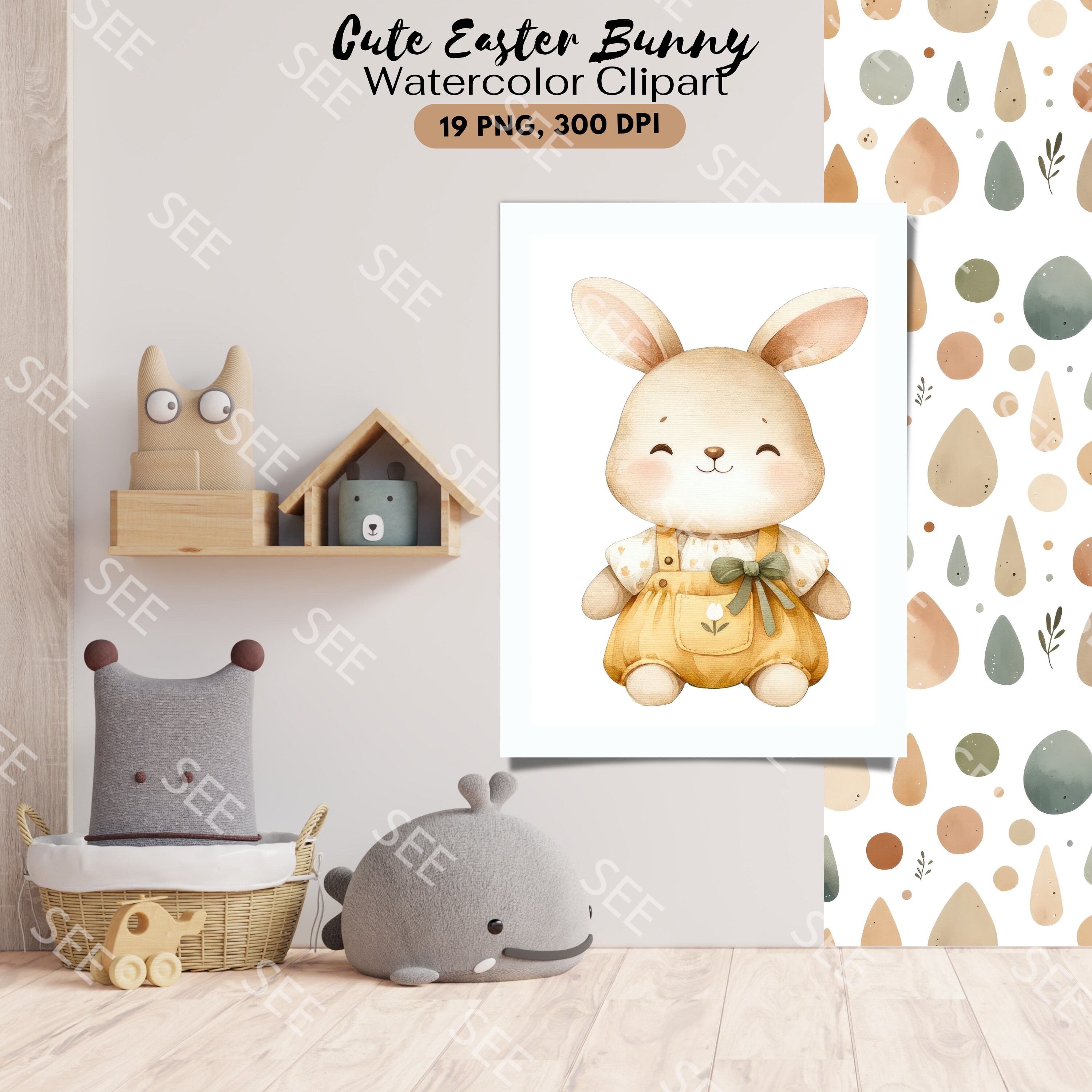 Country Farmhouse Easter Watercolor Clipart, Boho Bunny Clipart, Pastel ...
