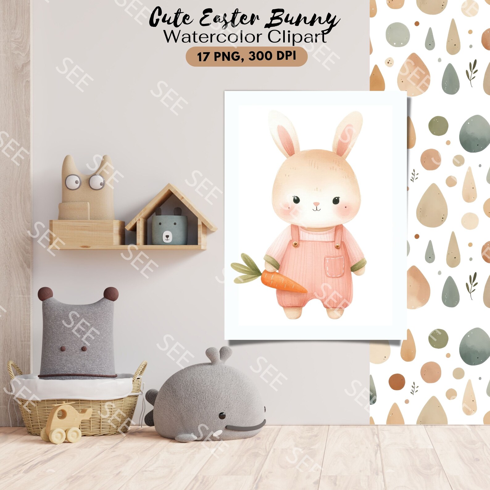 Cute Easter Bunny Clipart, Boho Bunny Clipart, Pastel Watercolor ...