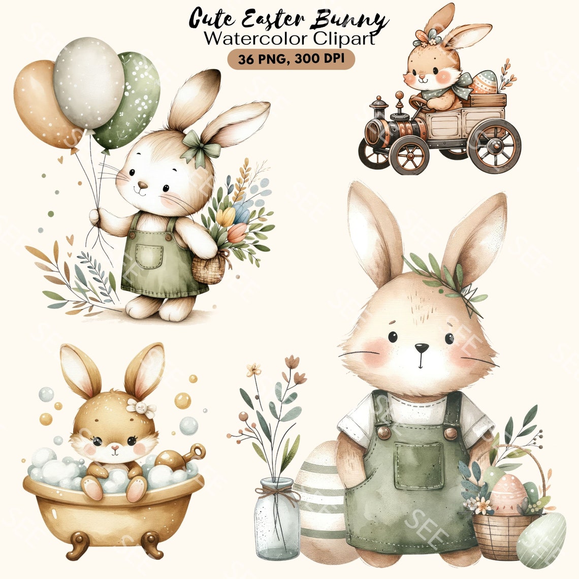 Cute Easter Bunny Clipart, Boho Bunny Clipart, Pastel Watercolor ...