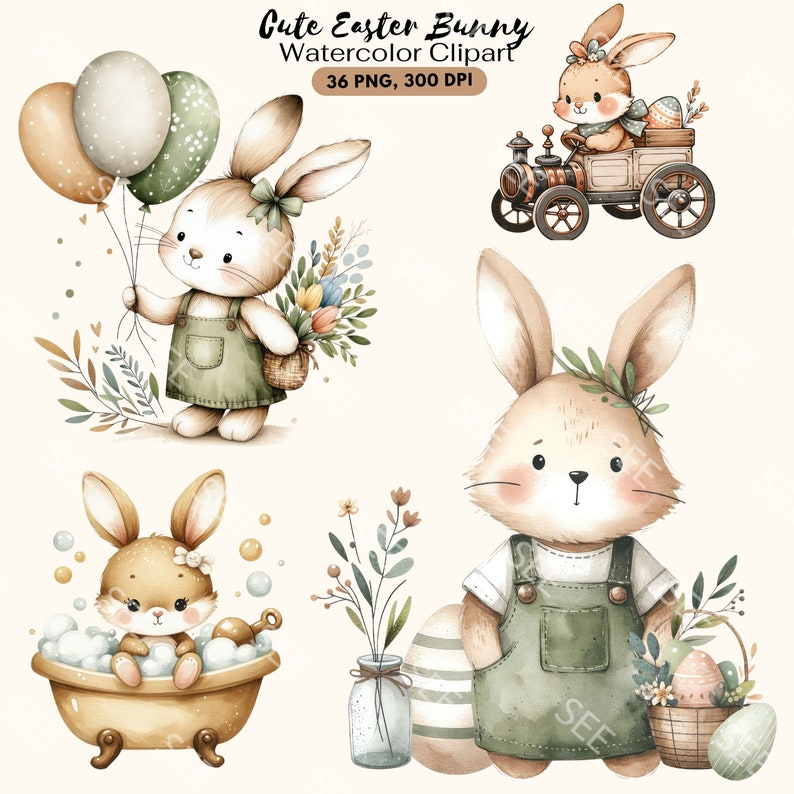 Cute Easter Bunny Clipart, Boho Bunny Clipart, Pastel Watercolor ...