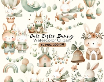 Cute Easter Bunny Clipart, Boho Bunny Clipart, Pastel Watercolor ...