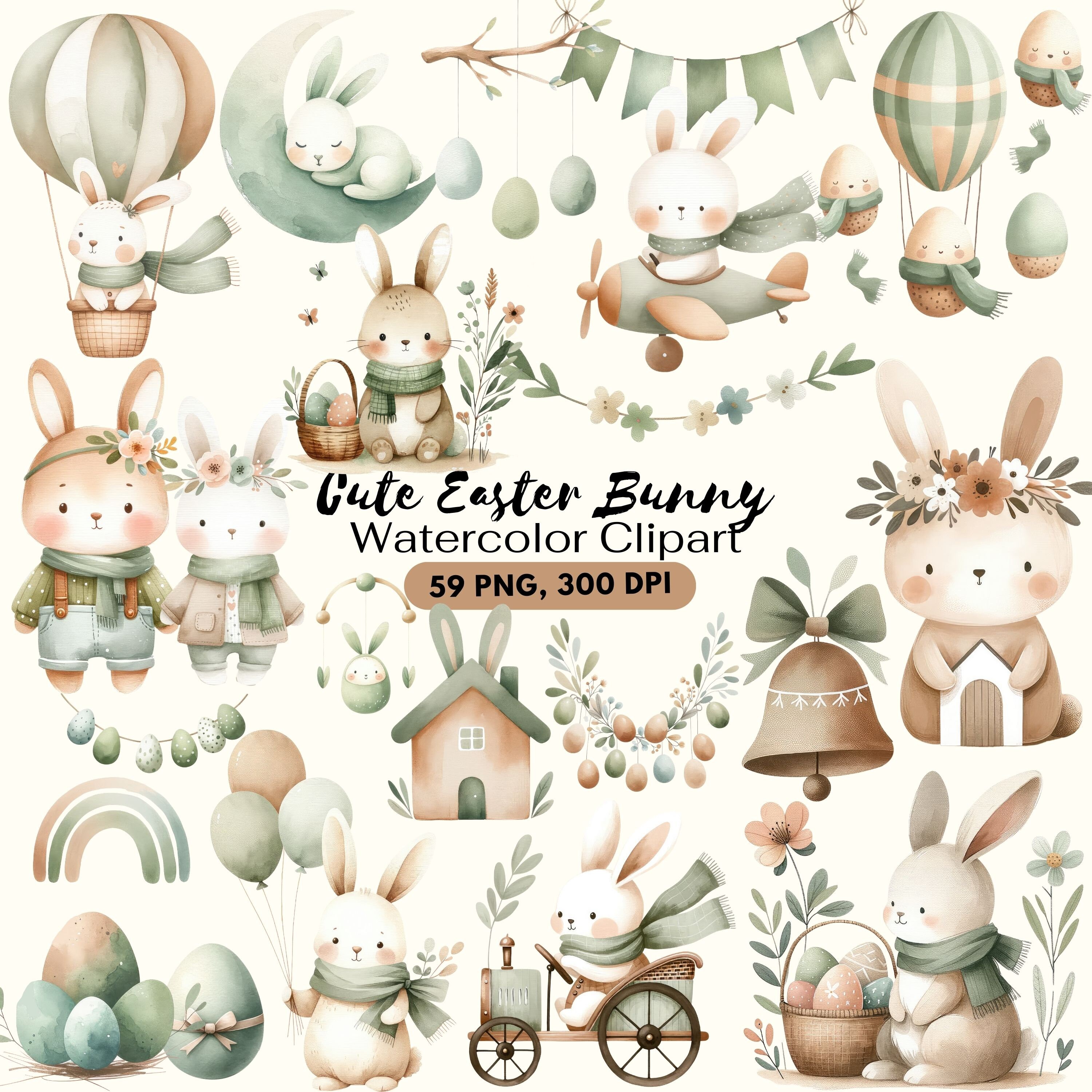 Cute Easter Bunny Clipart, Boho Bunny Clipart, Pastel Watercolor ...