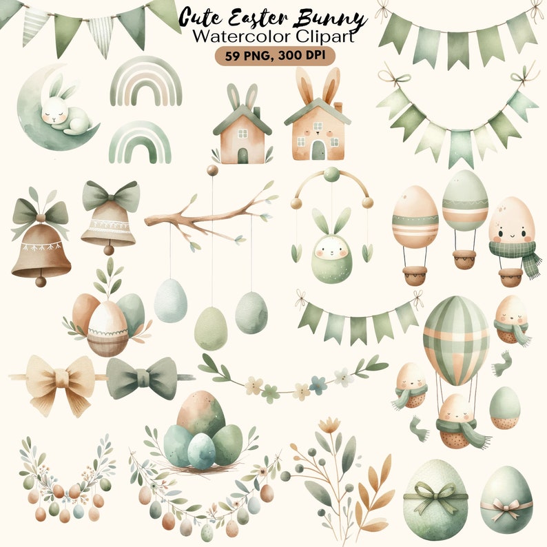 Cute Easter Bunny Clipart, Boho Bunny Clipart, Pastel Watercolor ...