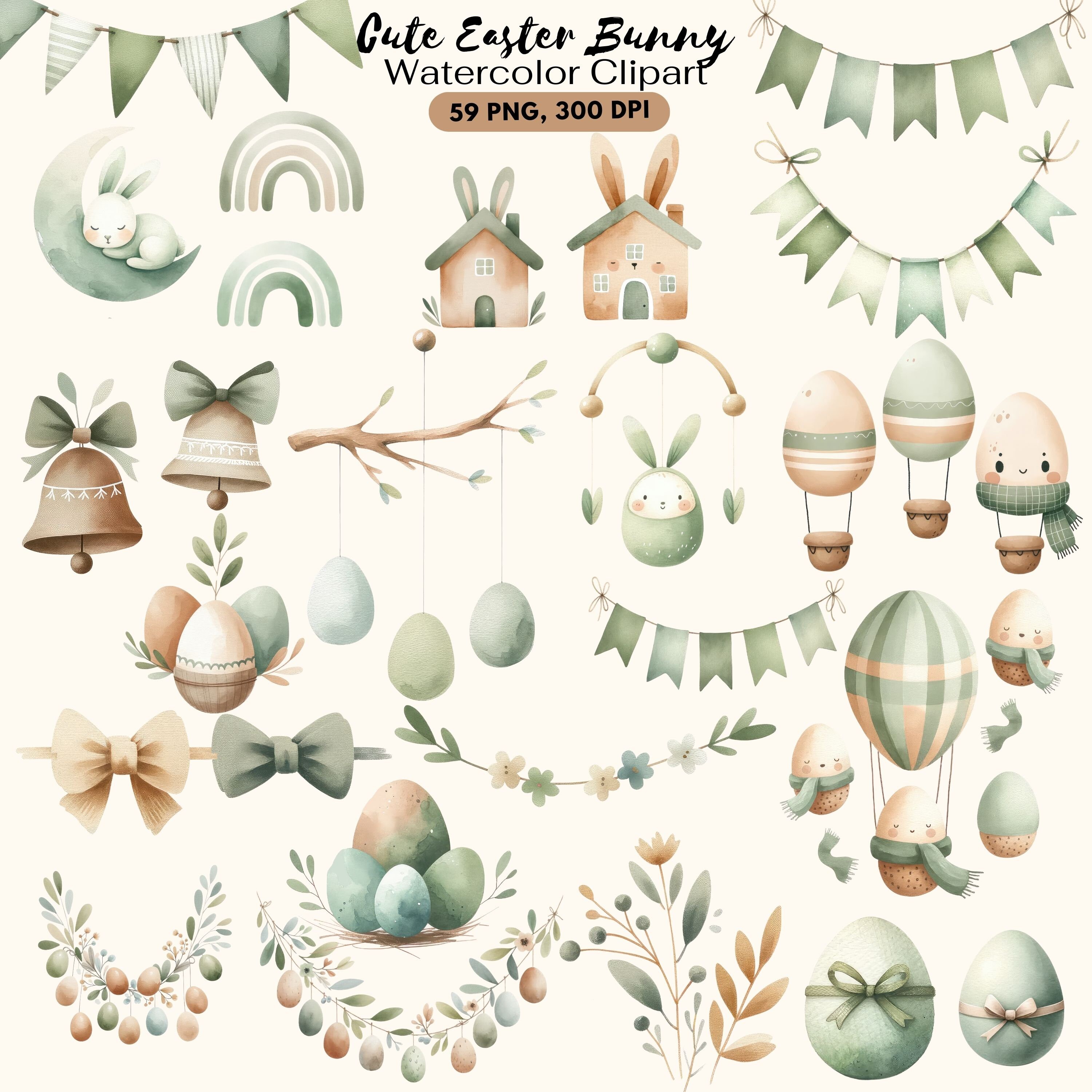 Cute Easter Bunny Clipart, Boho Bunny Clipart, Pastel Watercolor ...