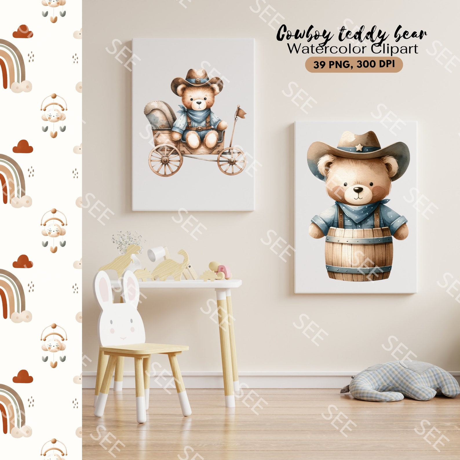 Watercolor Cowboy Teddy Bear Clipart Bundle, Teddy Bear Clipart, Baby ...