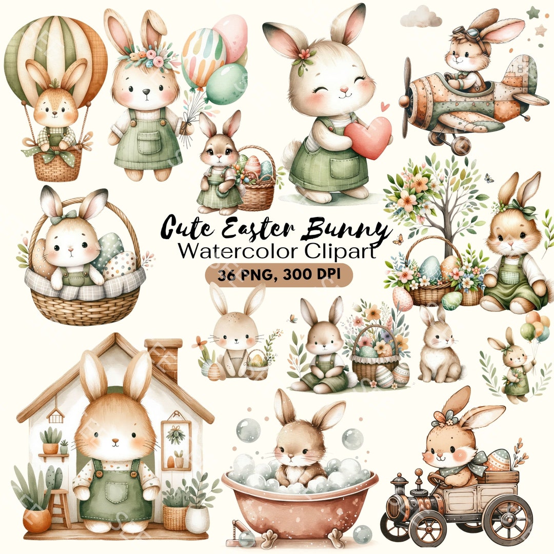 Cute Easter Bunny Clipart, Boho Bunny Clipart, Pastel Watercolor ...
