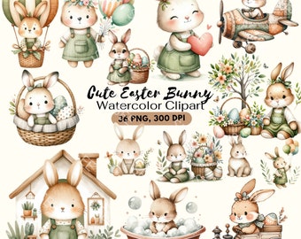 Cute Easter Bunny Clipart, Boho Bunny Clipart, Pastel Watercolor ...