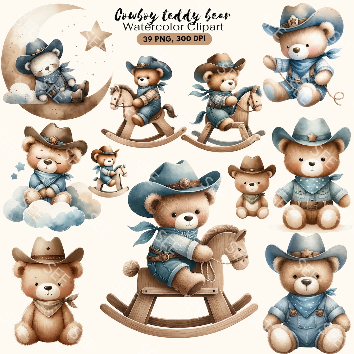 Watercolor Cowboy Teddy Bear Clipart Bundle, Teddy Bear Clipart, Baby ...