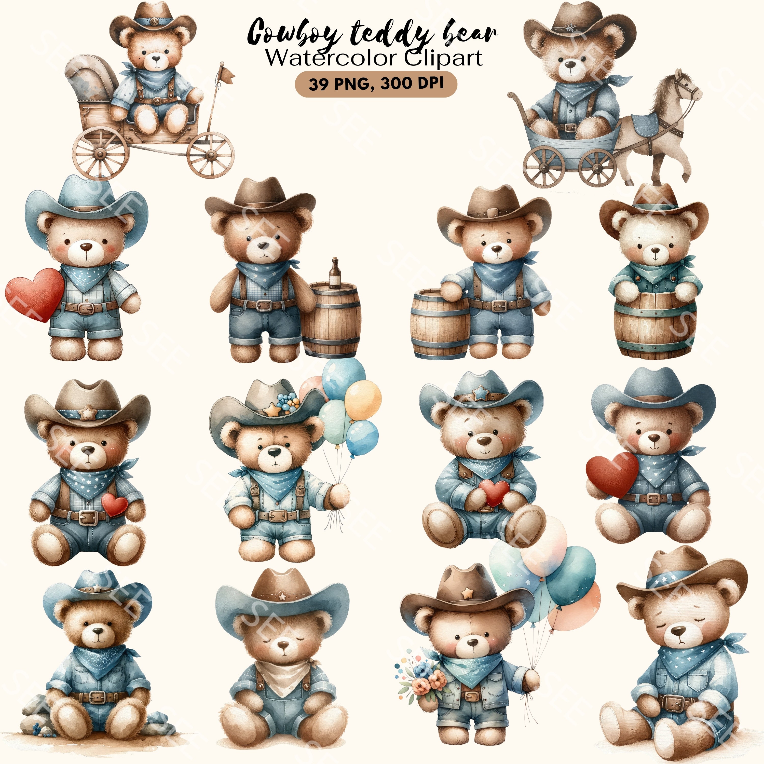 Watercolor Cowboy Teddy Bear Clipart Bundle, Teddy Bear Clipart, Baby ...