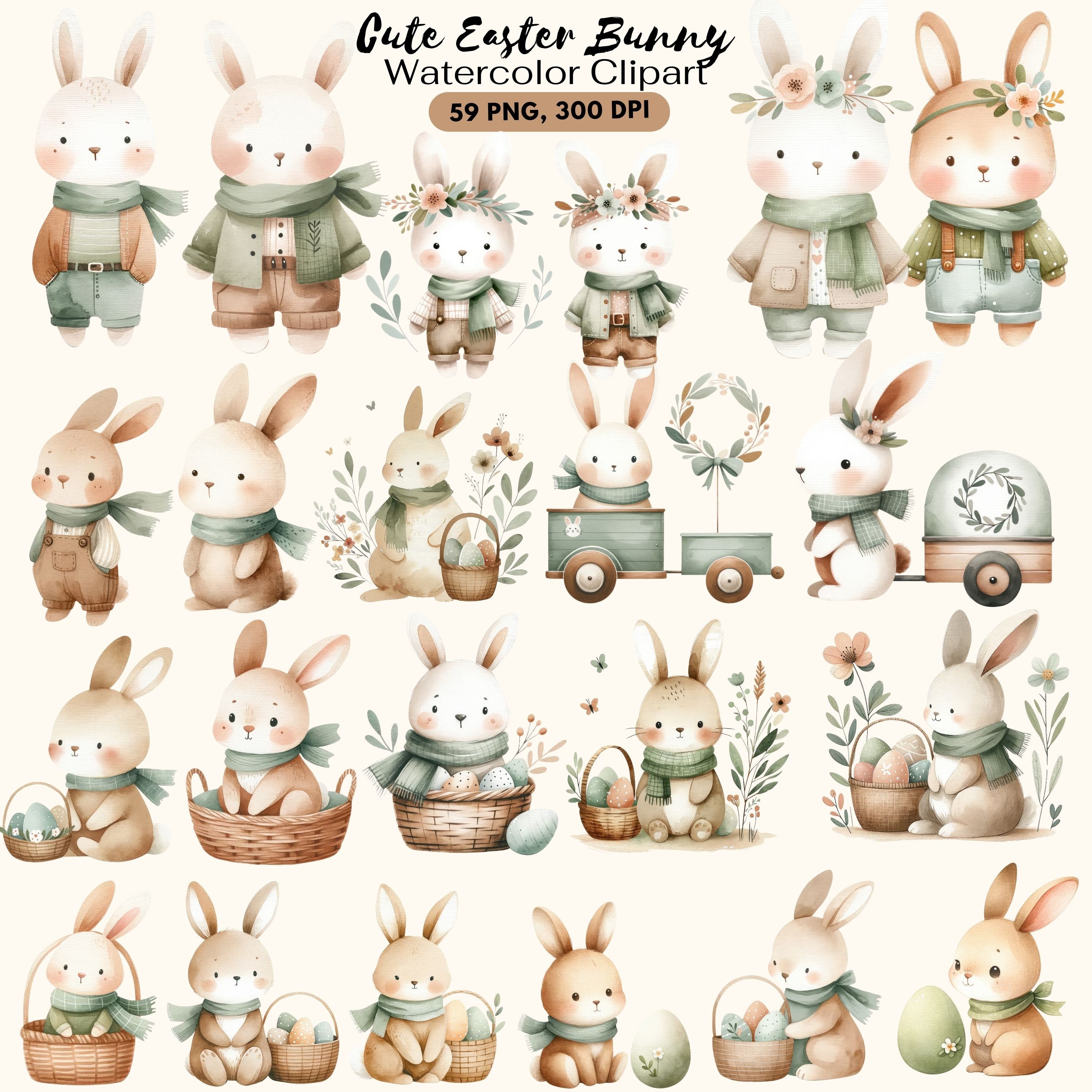 Cute Easter Bunny Clipart, Boho Bunny Clipart, Pastel Watercolor ...