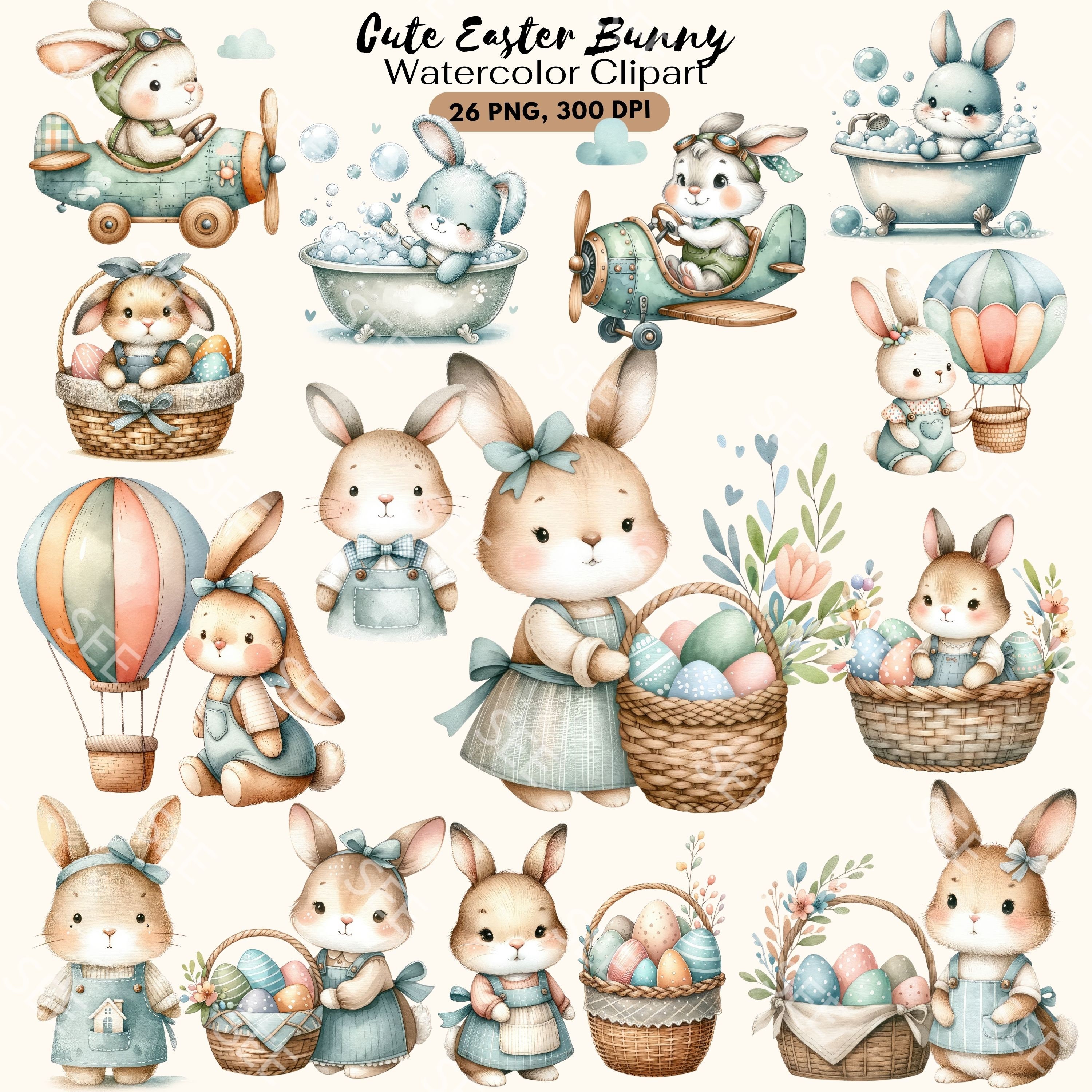 Cute Easter Bunny Clipart, Boho Bunny Clipart, Pastel Watercolor ...