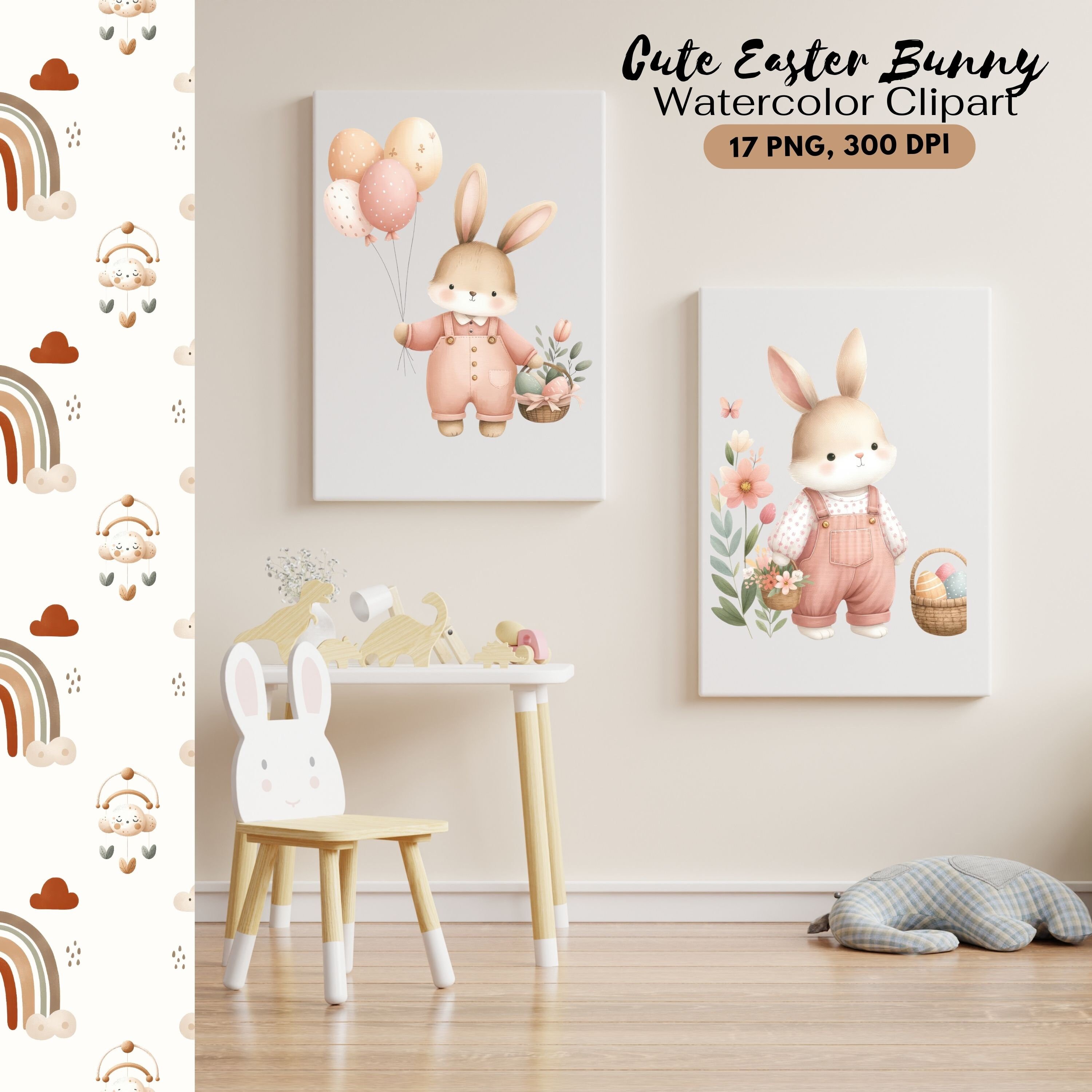 Cute Easter Bunny Clipart, Boho Bunny Clipart, Pastel Watercolor ...
