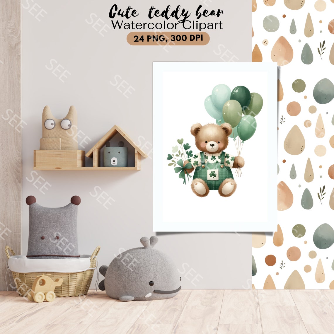 Green Teddy Bear Clipart, Boho Bears, Watercolor Teddy Bear Clipart ...