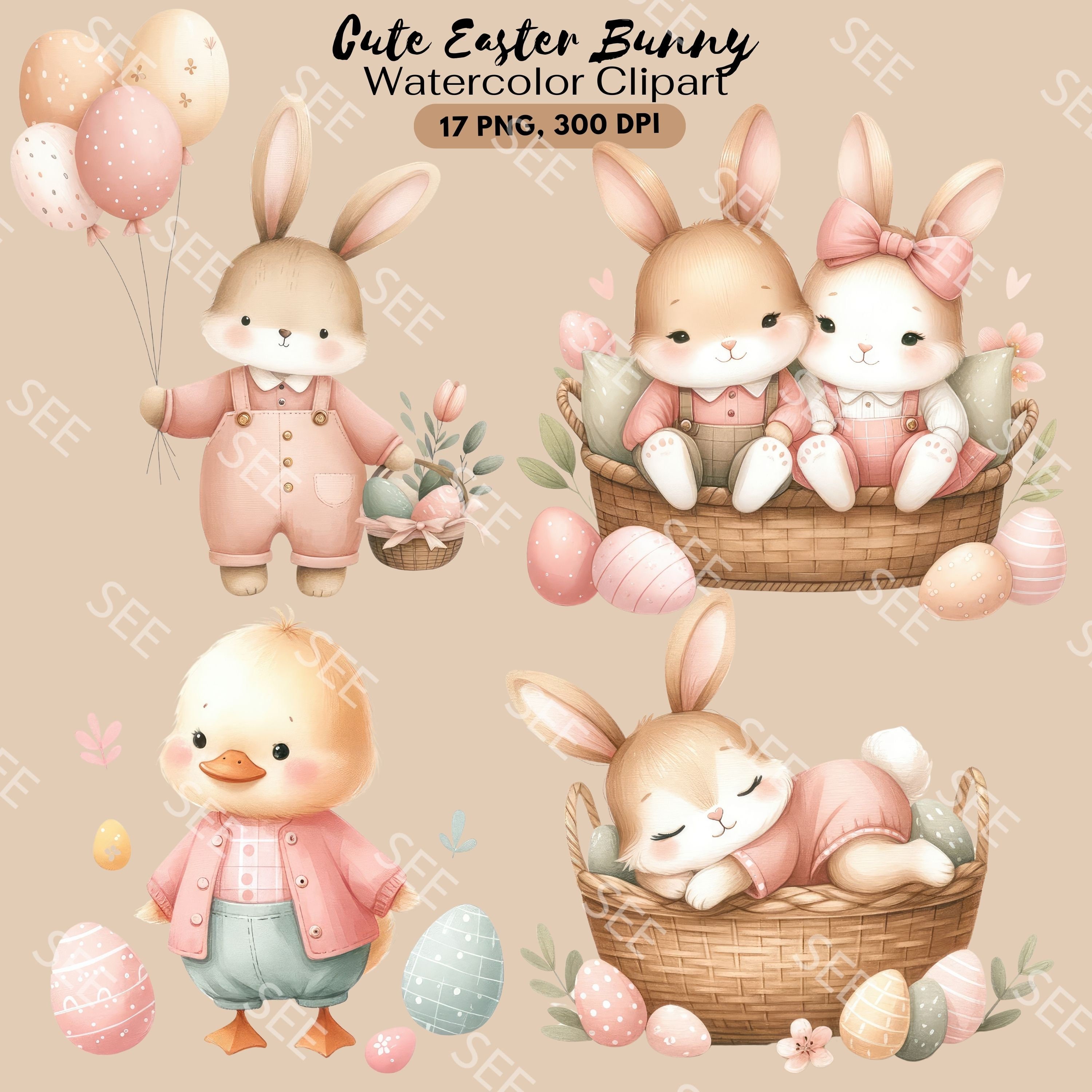 Cute Easter Bunny Clipart, Boho Bunny Clipart, Pastel Watercolor ...