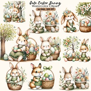 Cute Easter Bunny Clipart, Boho Bunny Clipart, Pastel Watercolor ...