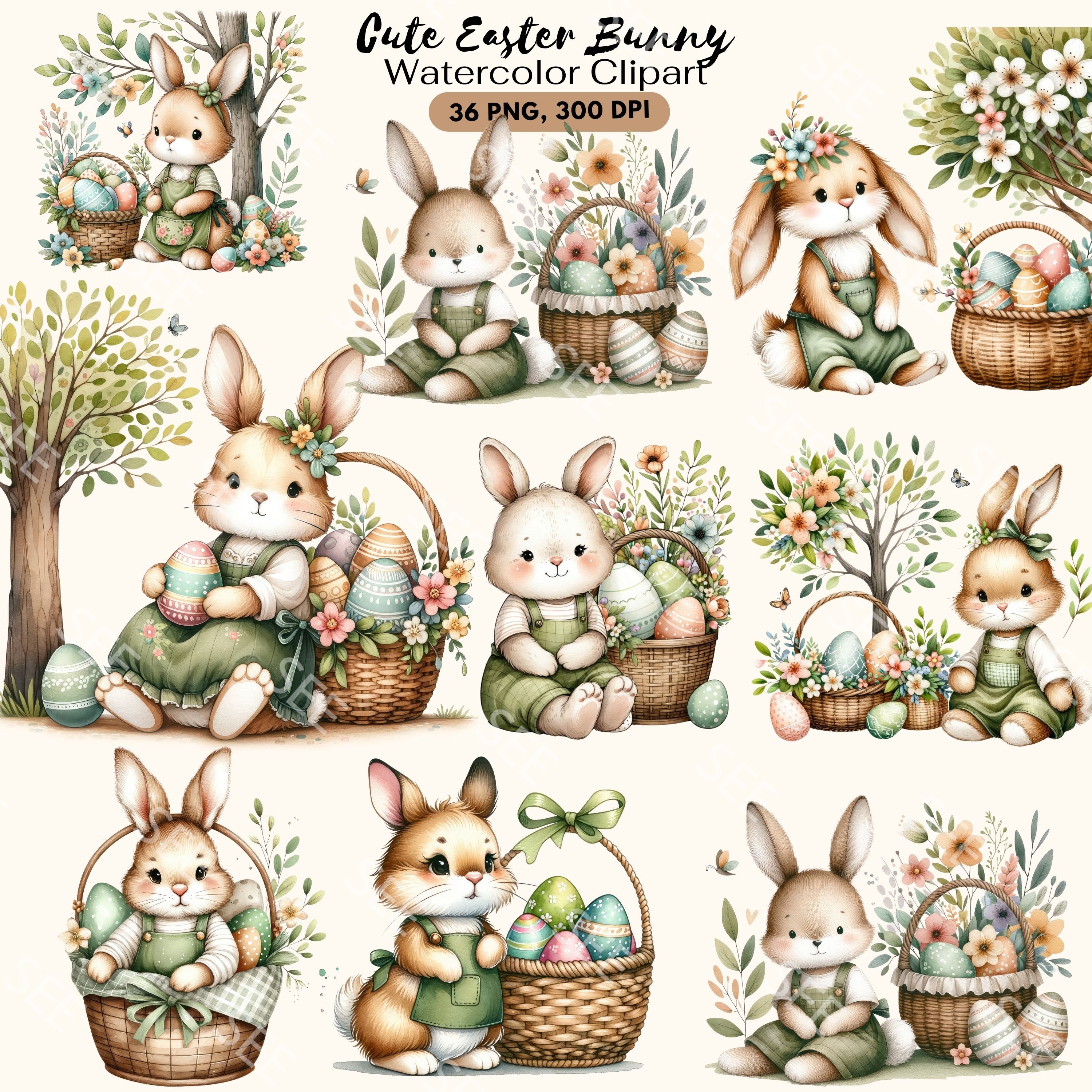 Cute Easter Bunny Clipart, Boho Bunny Clipart, Pastel Watercolor ...