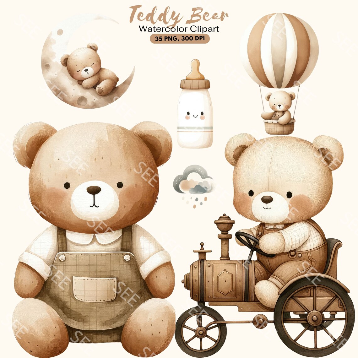 Watercolor Teddy Bear Clipart, Baby Shower Clipart, Boho Teddy Bear ...